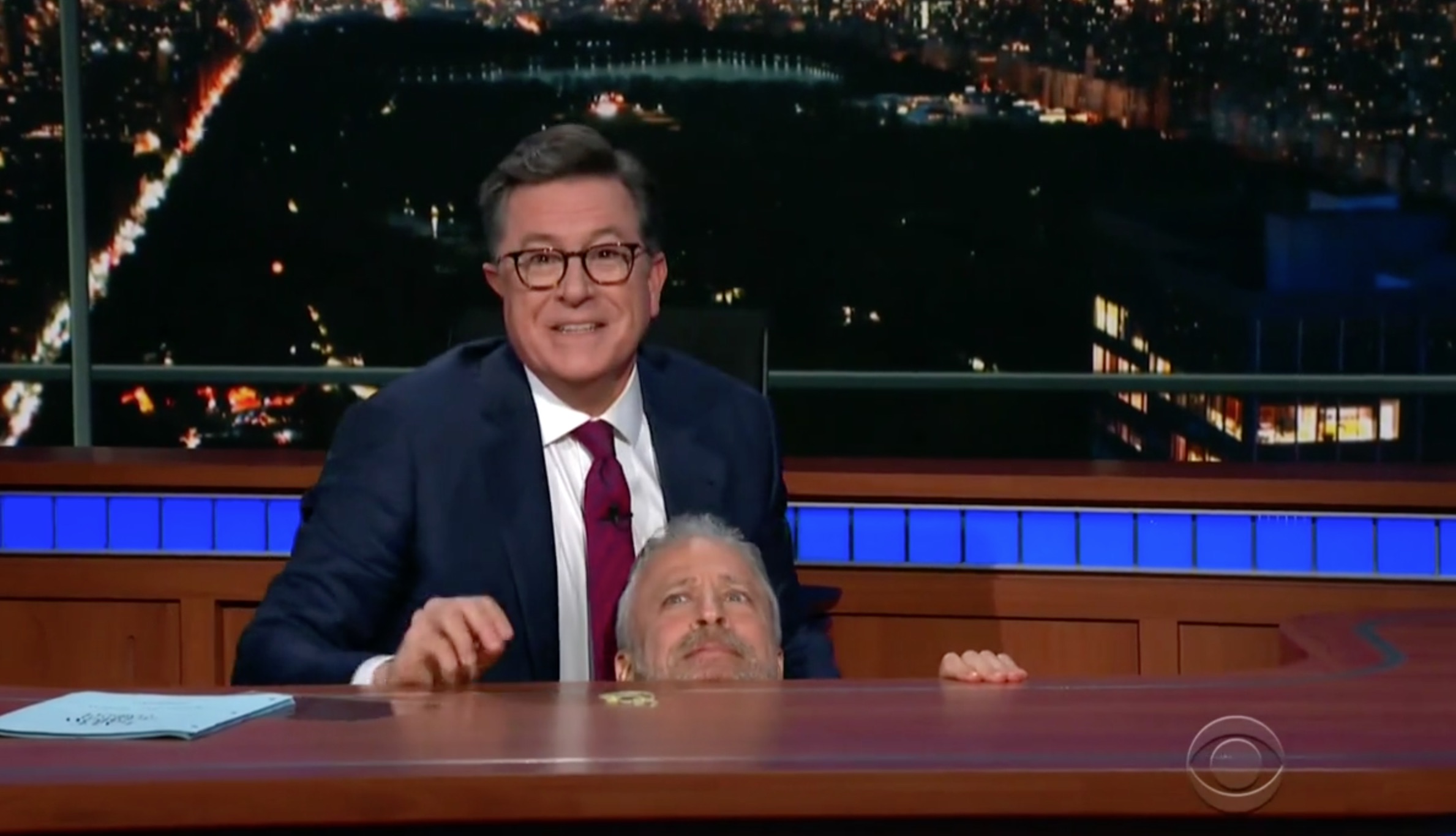 Jon Stewart Makes an Appearance on The Late Show From Under Stephen ...