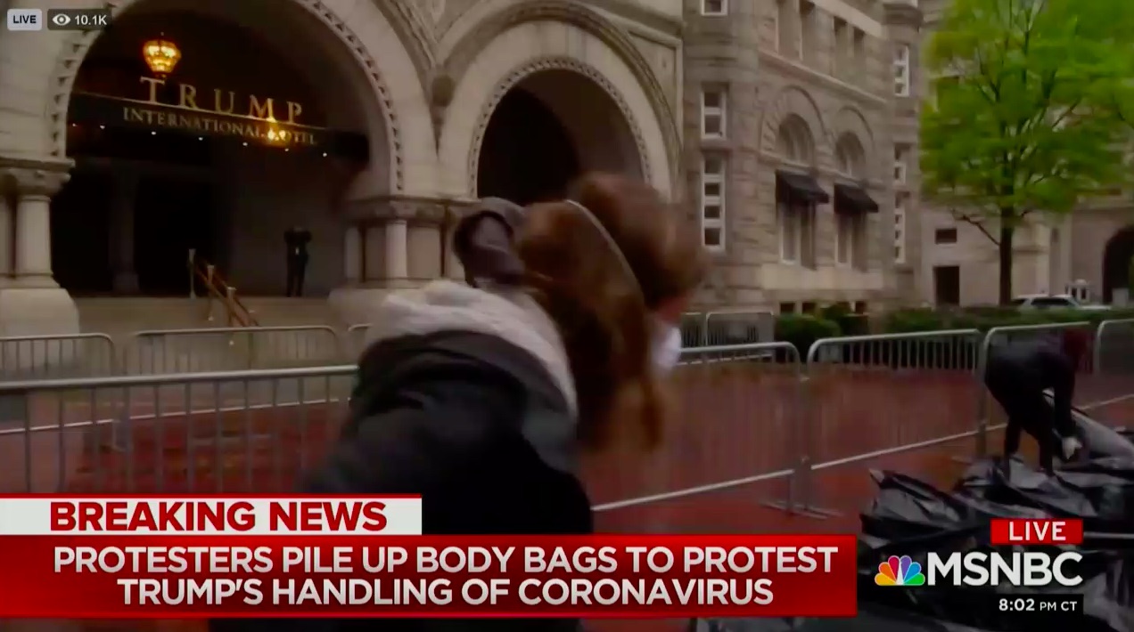 Protestors Drop Mock Coronavirus Bodybags at Trump's DC Hotel