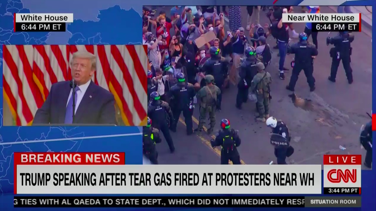 Split Screen Moment Shows Trump Speech and DC Protests