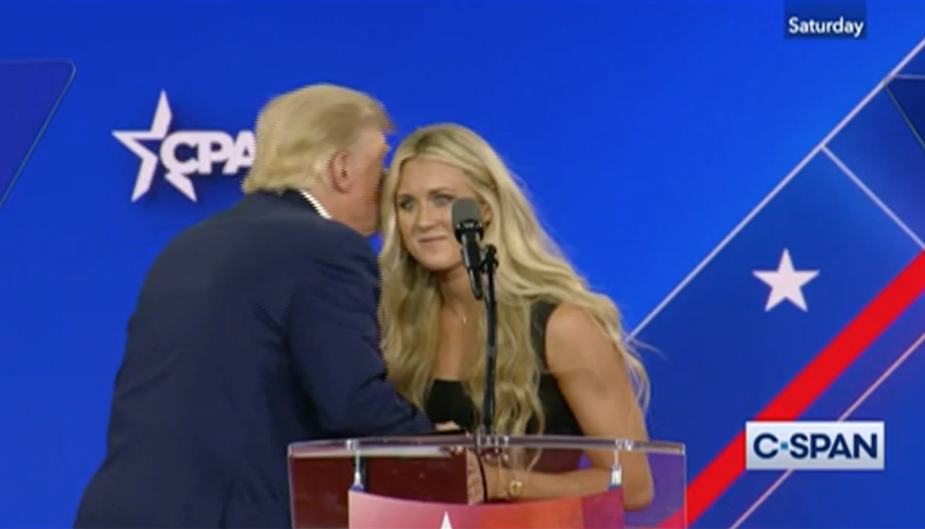 WATCH: Riley Gaines Pulls Away From Trump Kiss at CPAC