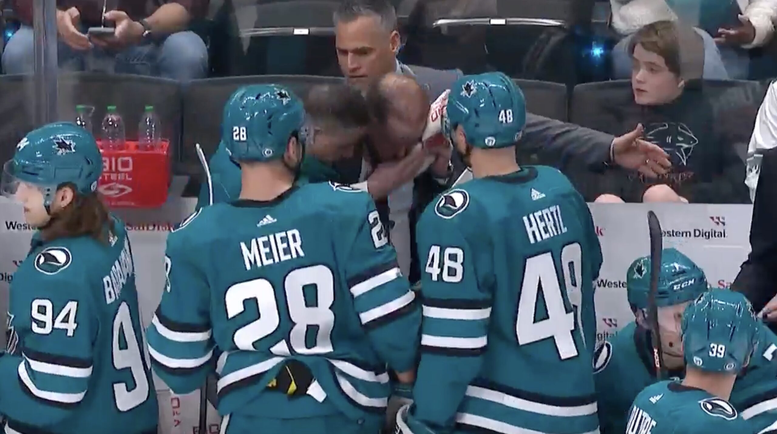 WATCH: Sharks Coach Gets Walloped In The Head By Puck, Returns After ...