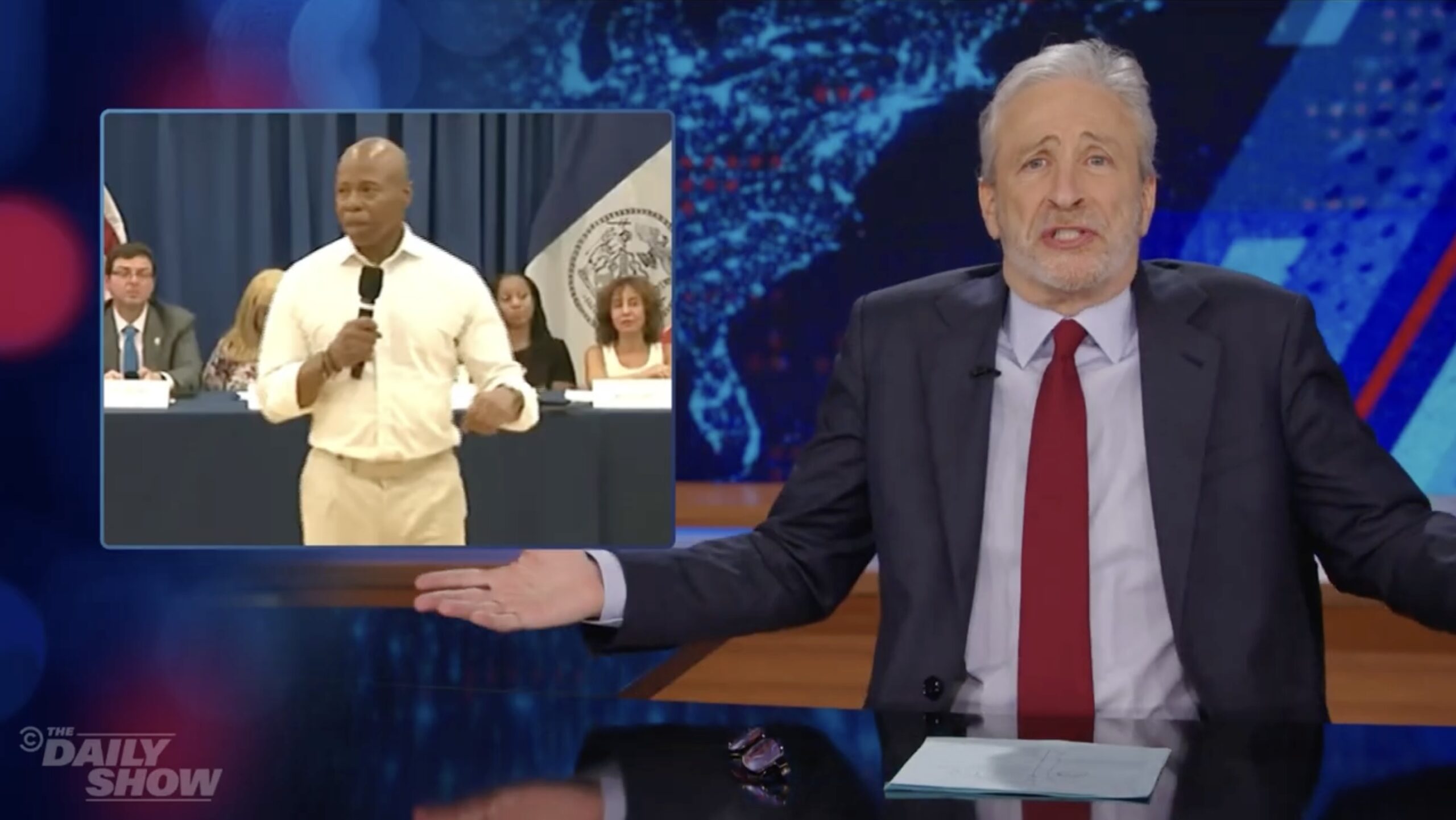 Jon Stewart Rips NYC Mayor Eric Adams for Reversing His ‘Bring Us Your ...