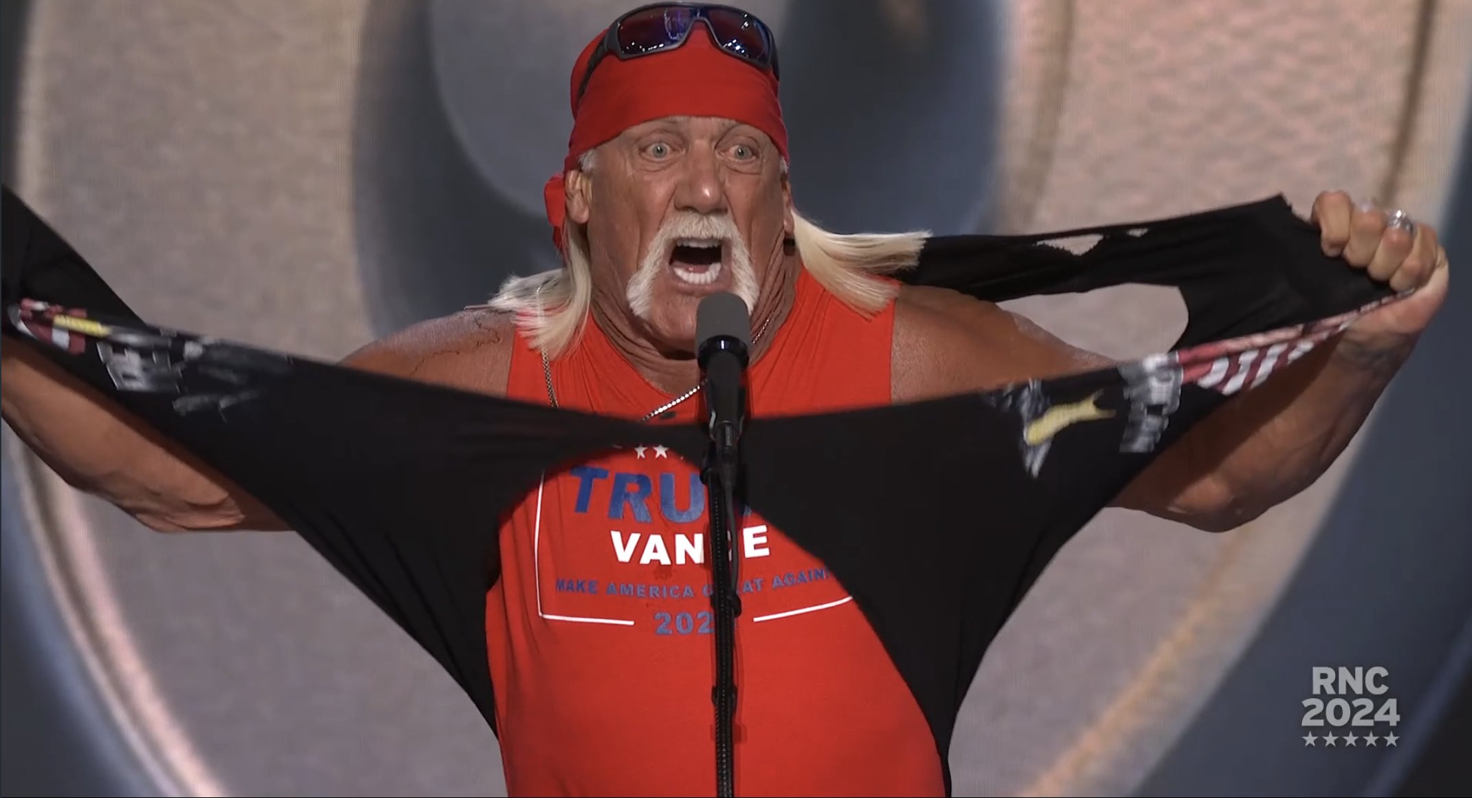Hulk Hogan Rips Off Shirt, Reveals MAGA-Wear at RNC