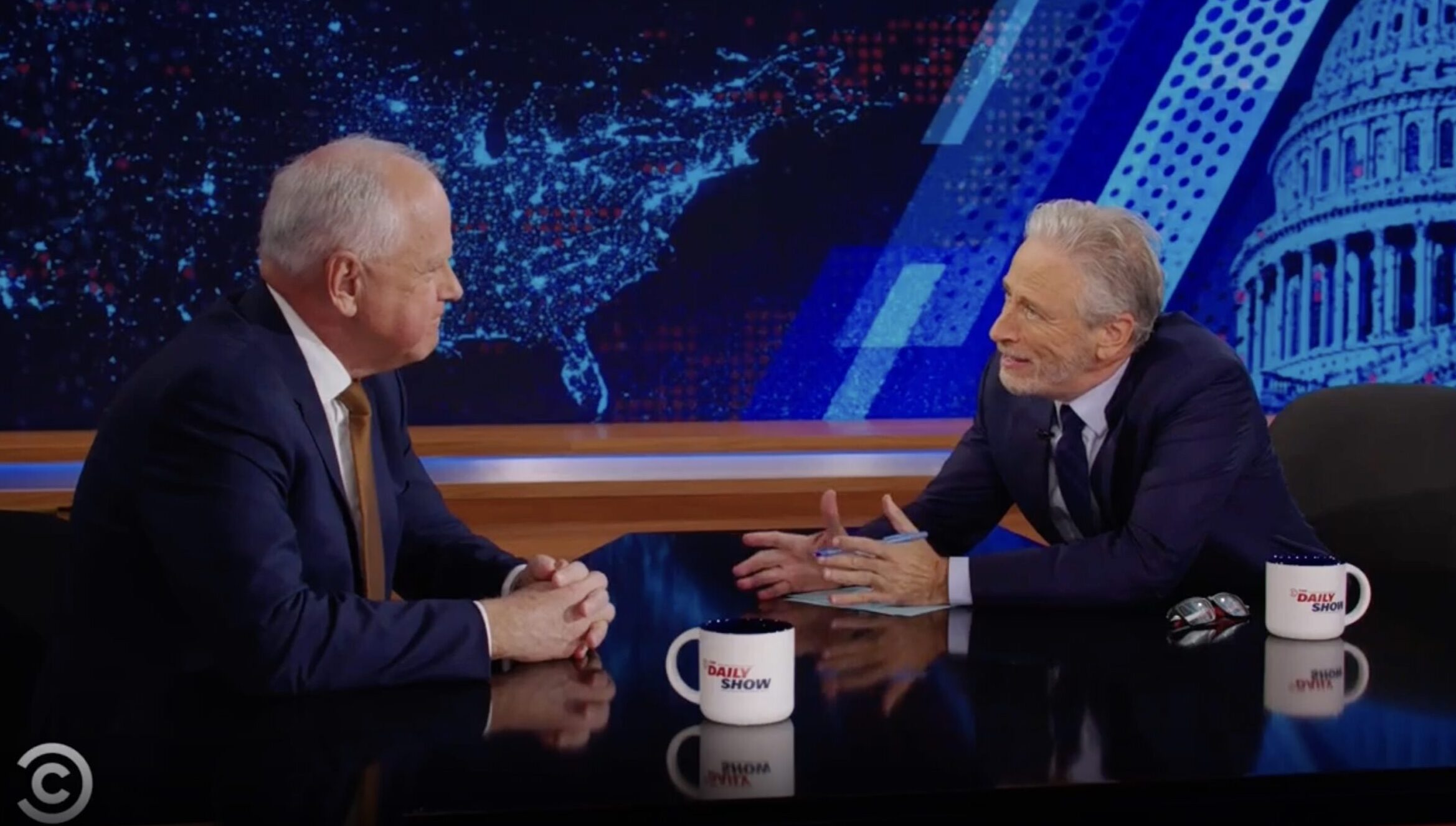 Jon Stewart Asks Tim Walz About Liz Cheney Endorsement
