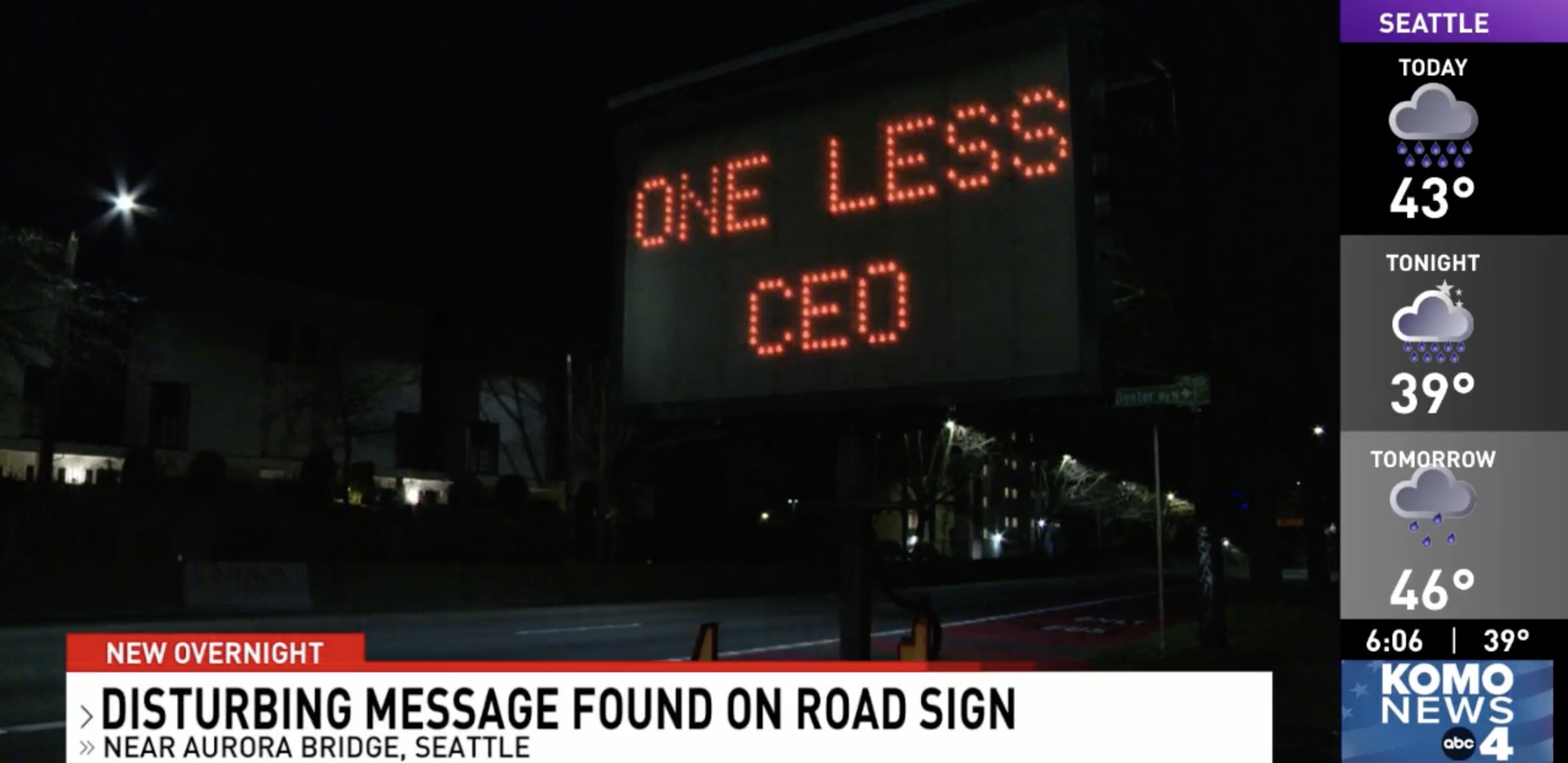 Seattle Traffic Sign Hacked to Call for CEO Assassinations