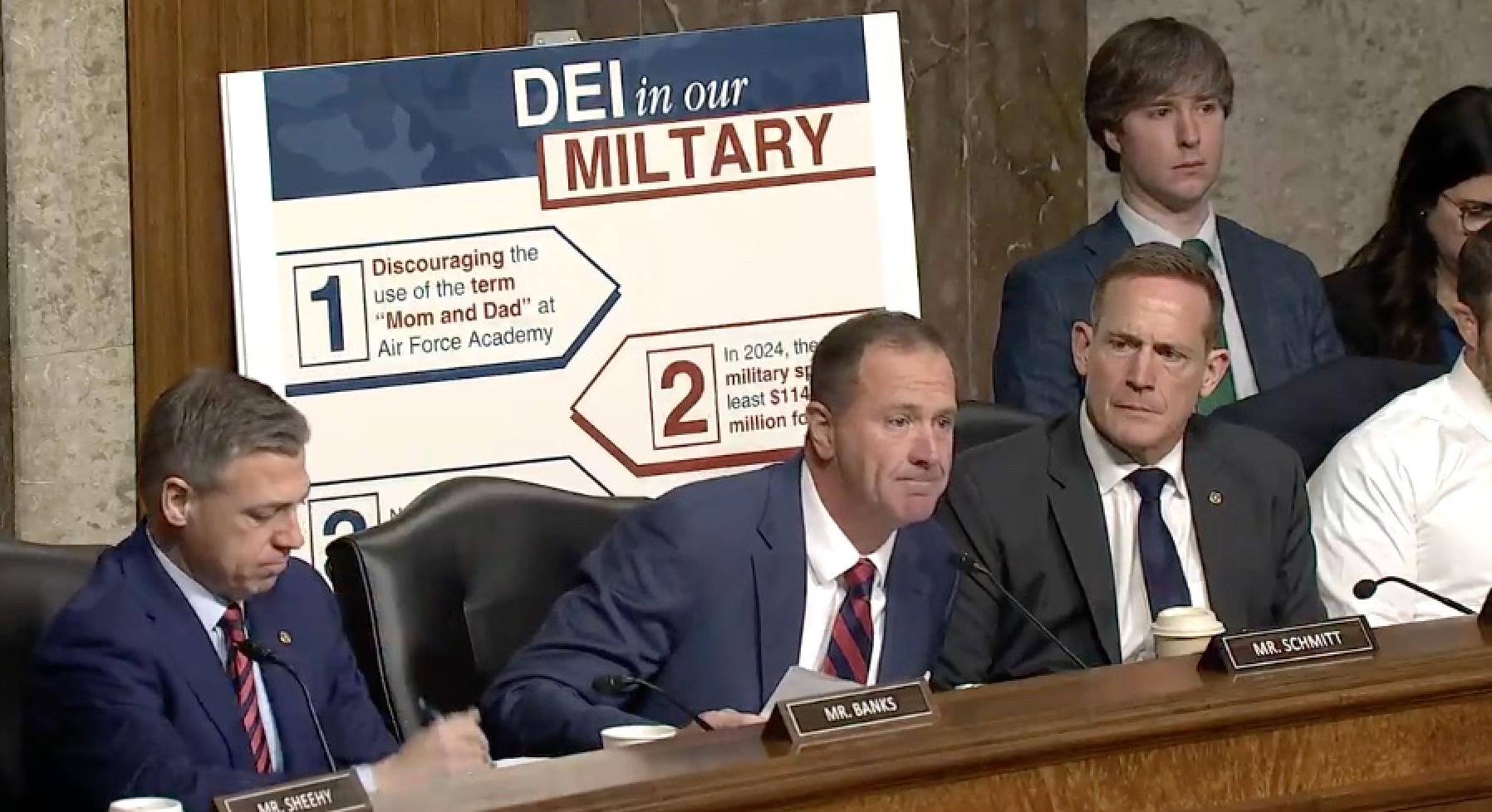 Eric Schmitt Uses Misspelled 'Miltary' Sign in Hearing