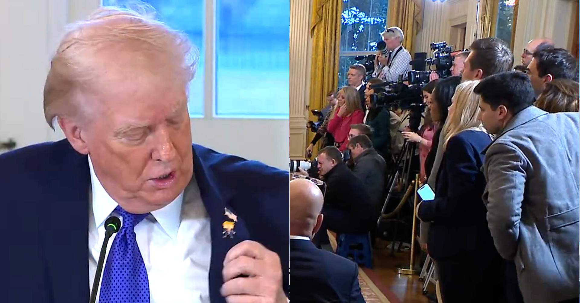 Reporters Laugh At Trump Wearing Cartoonish Happy Trump Pin